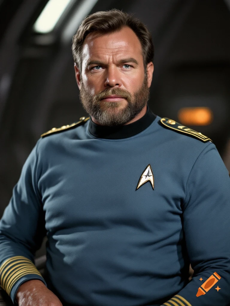 A photorealistic portrait of a man with a beard in a blue Star Trek uniform. on Craiyon