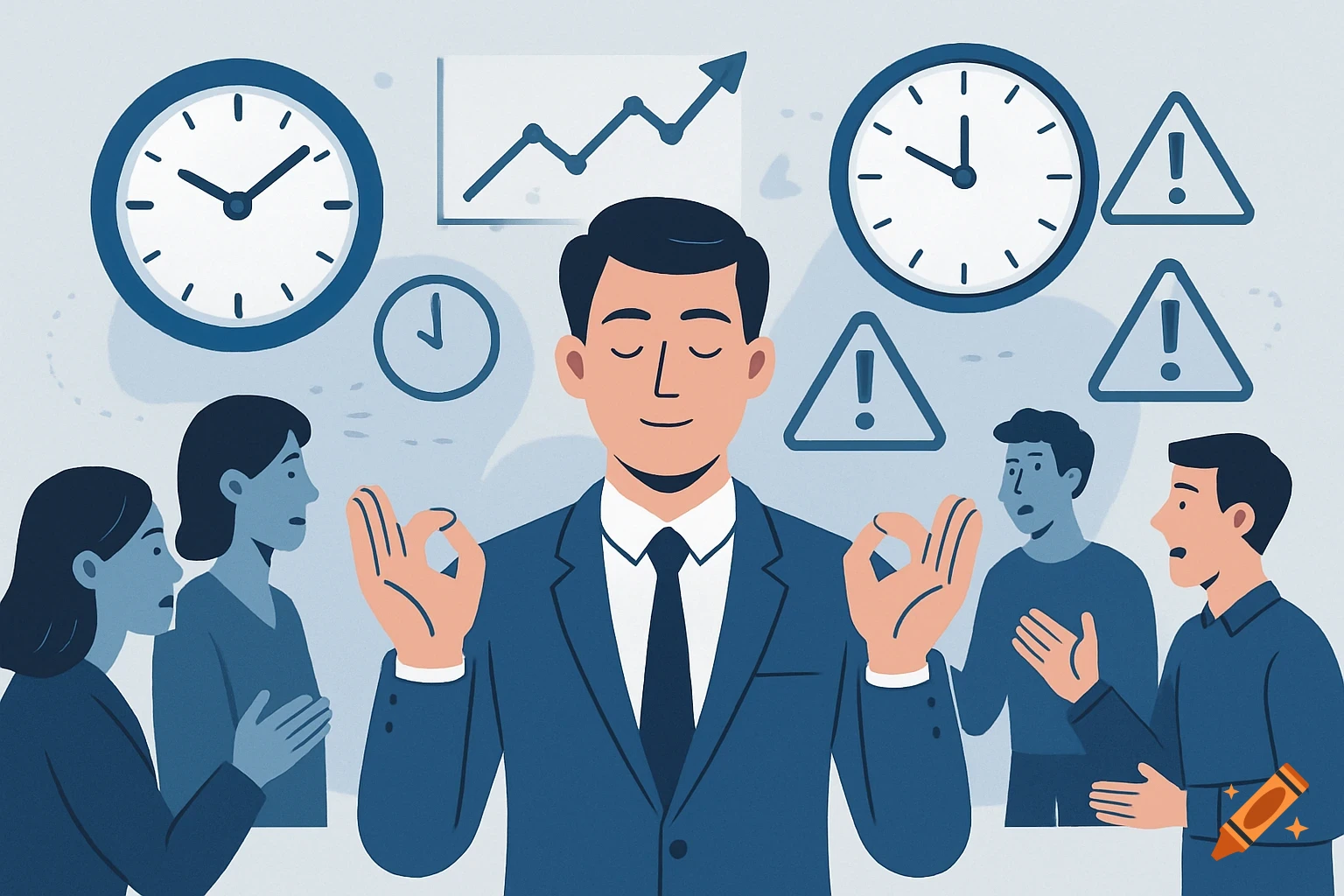 Illustration of a man in a suit meditating amidst clocks, graphs ...