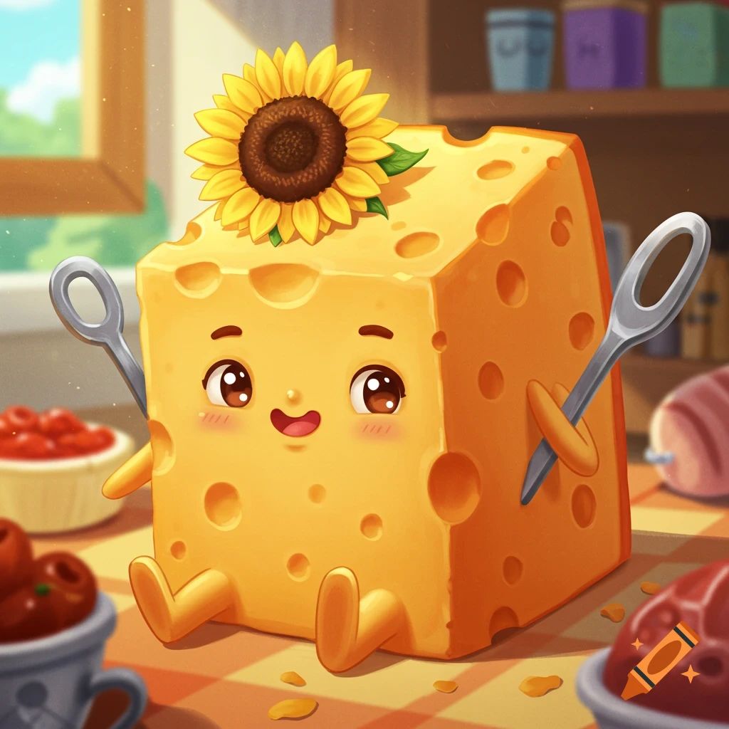 Cartoon block of cheese with a face, arms holding spoons, sitting on a table, with a sunflower ...