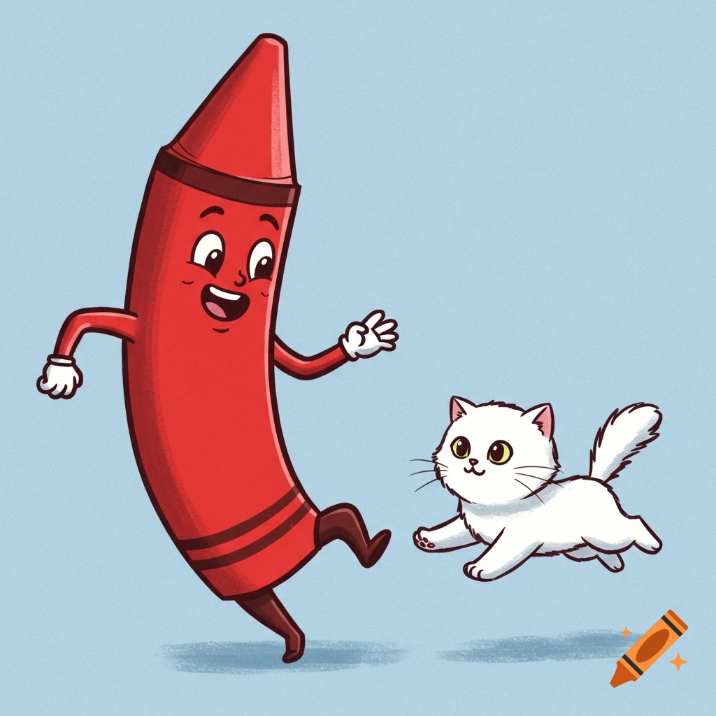 A cartoon red crayon character walking towards a white kitten. on Craiyon