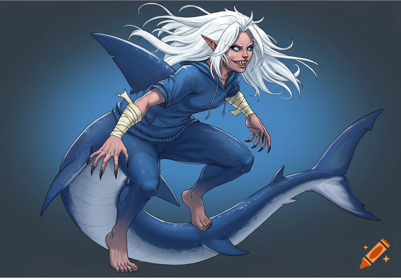 Anime-style shark girl with bandages and hoodie on Craiyon