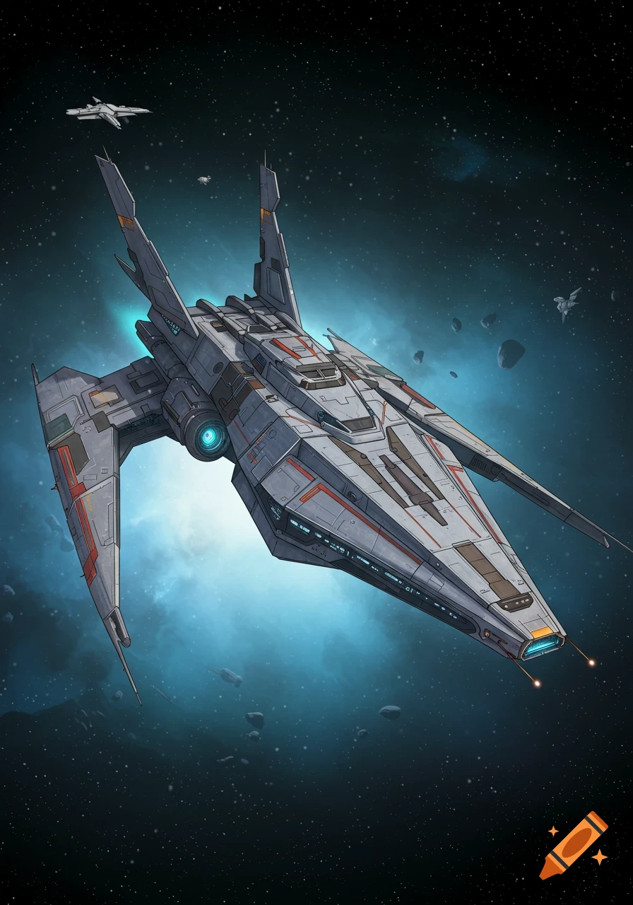 A detailed illustration of a futuristic spaceship with purple engines flying through space with ...