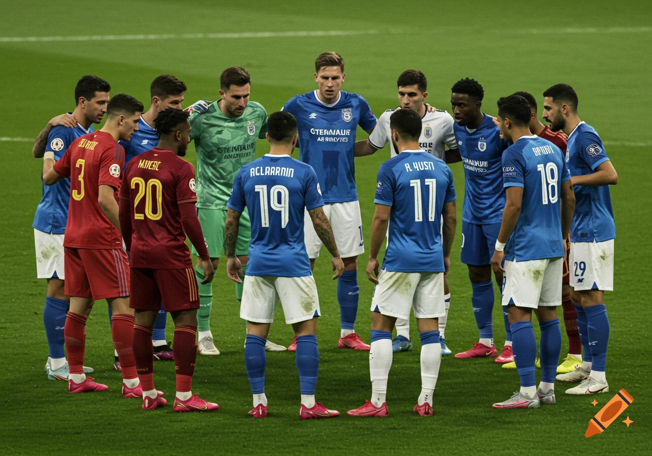 Soccer players in blue, red, and green jerseys stand in a circle on a ...