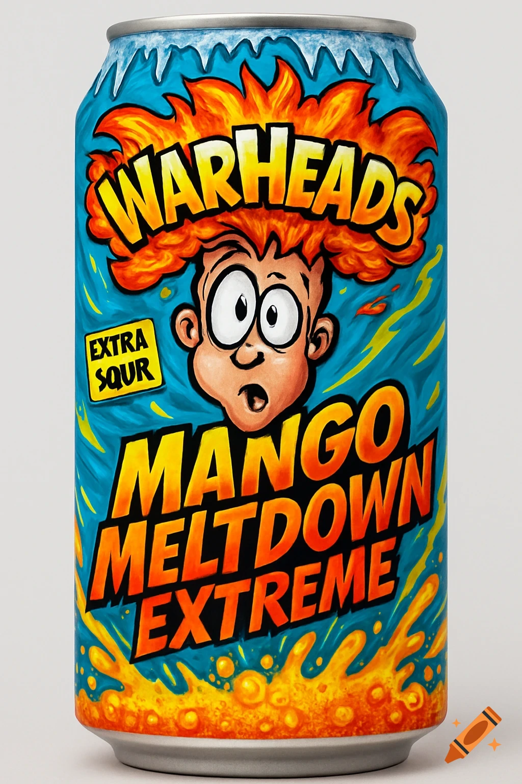 A soda can design with a cartoon face and text 'WARHEADS MANGO MELTDOWN ...