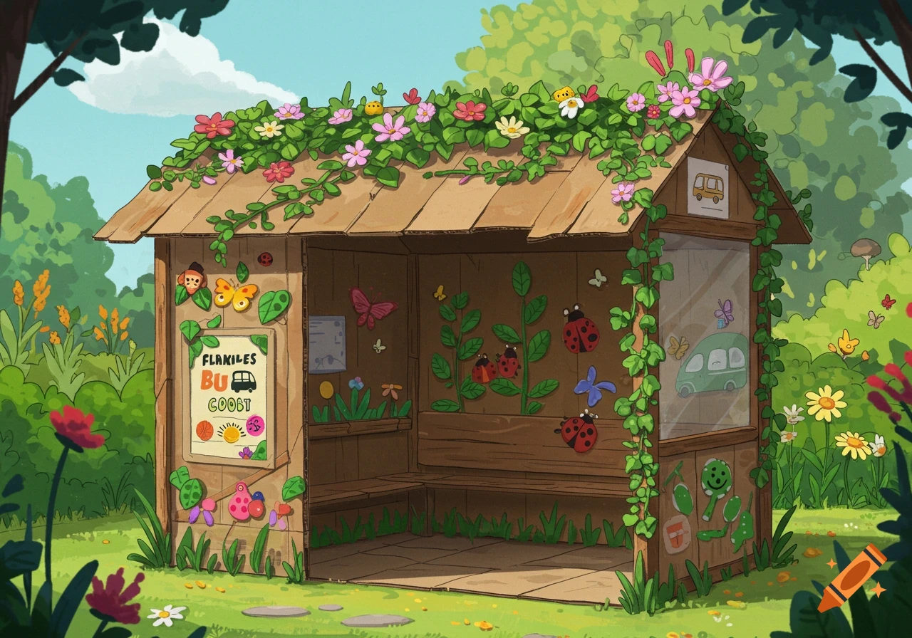 Garden-themed bus shelter made of cardboard and crafts on Craiyon