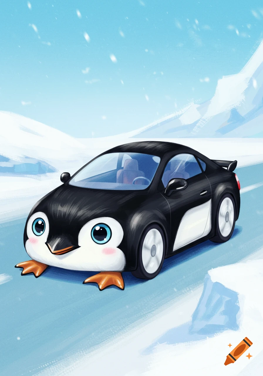 A cartoon illustration of a black sports car shaped like a penguin ...