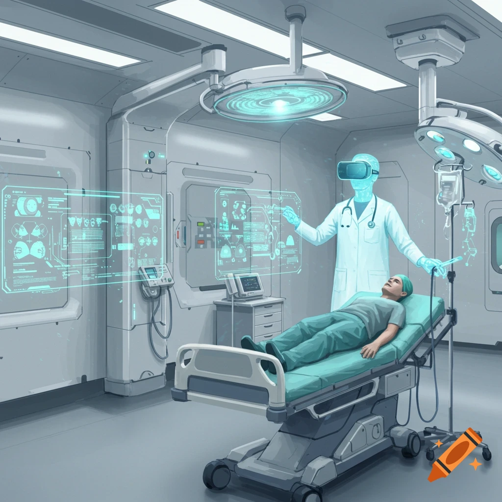 Doctor with VR headset and holographic displays over patient in ...