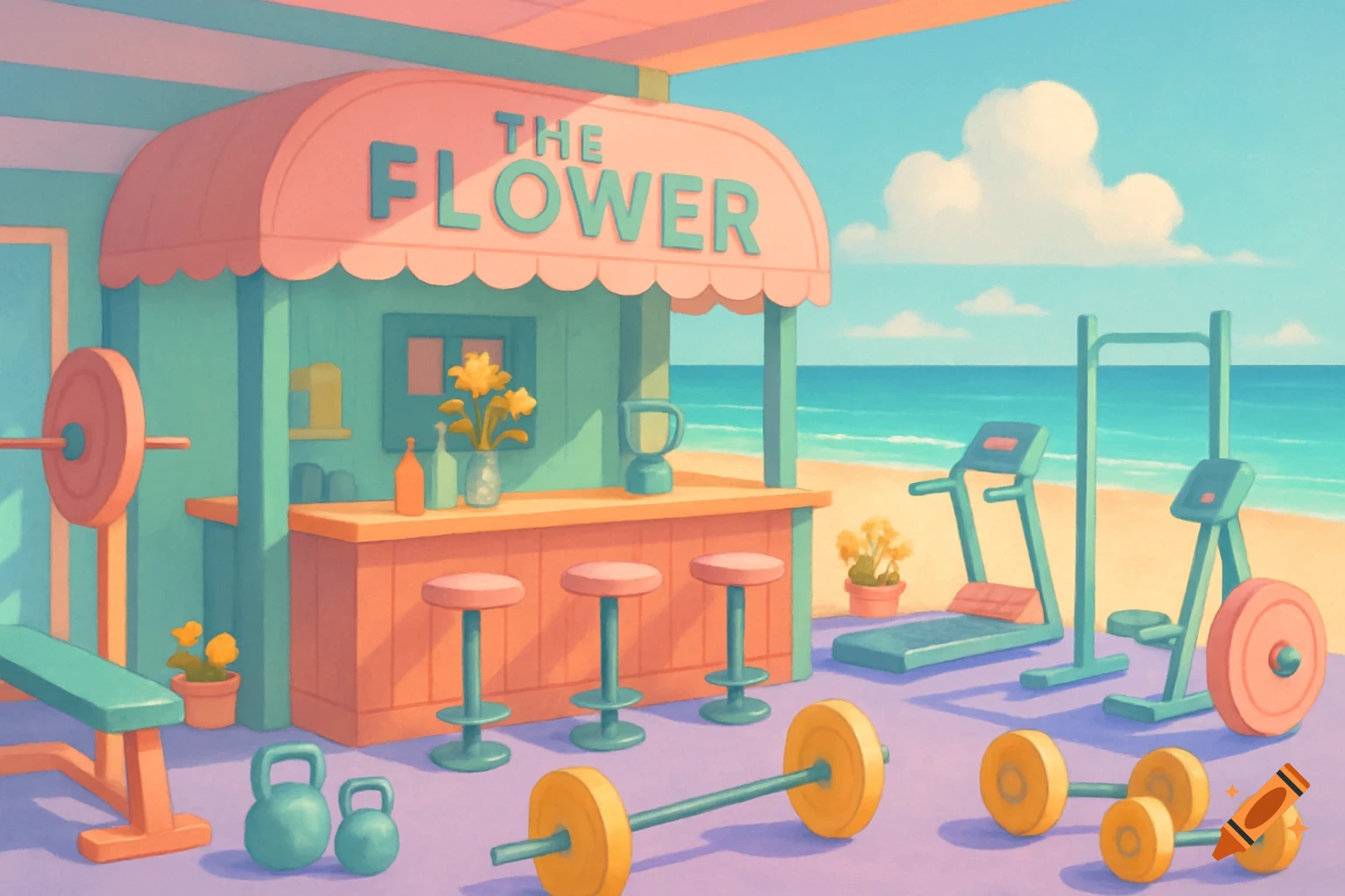 A pastel-colored gym bar with 'THE FLOWER' on its awning, set on a ...