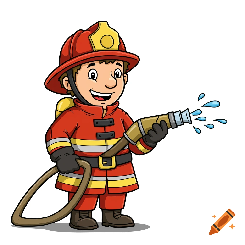 Cartoon firefighter smiling and holding a hose spraying water. on Craiyon