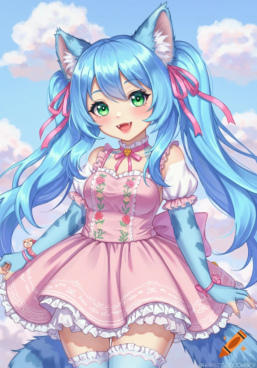 Anime illustration of a blue-haired cat girl in a pink dress under a ...