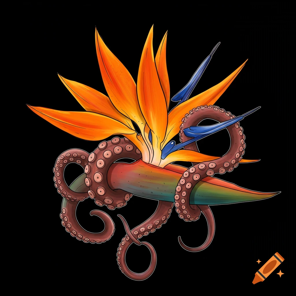 Neo traditional tattoo of bird of paradise flower with octopus ...