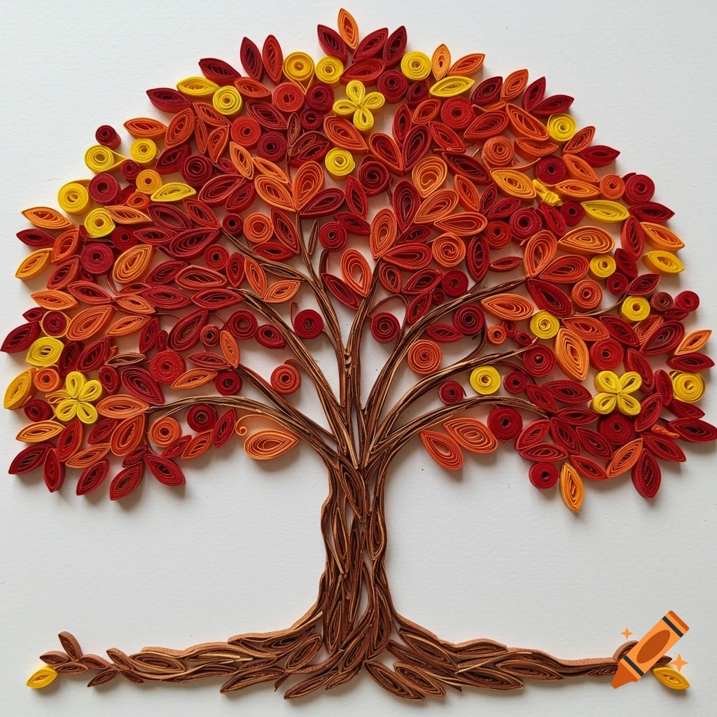 Quilled autumn tree in red, orange, and yellow on a white background ...