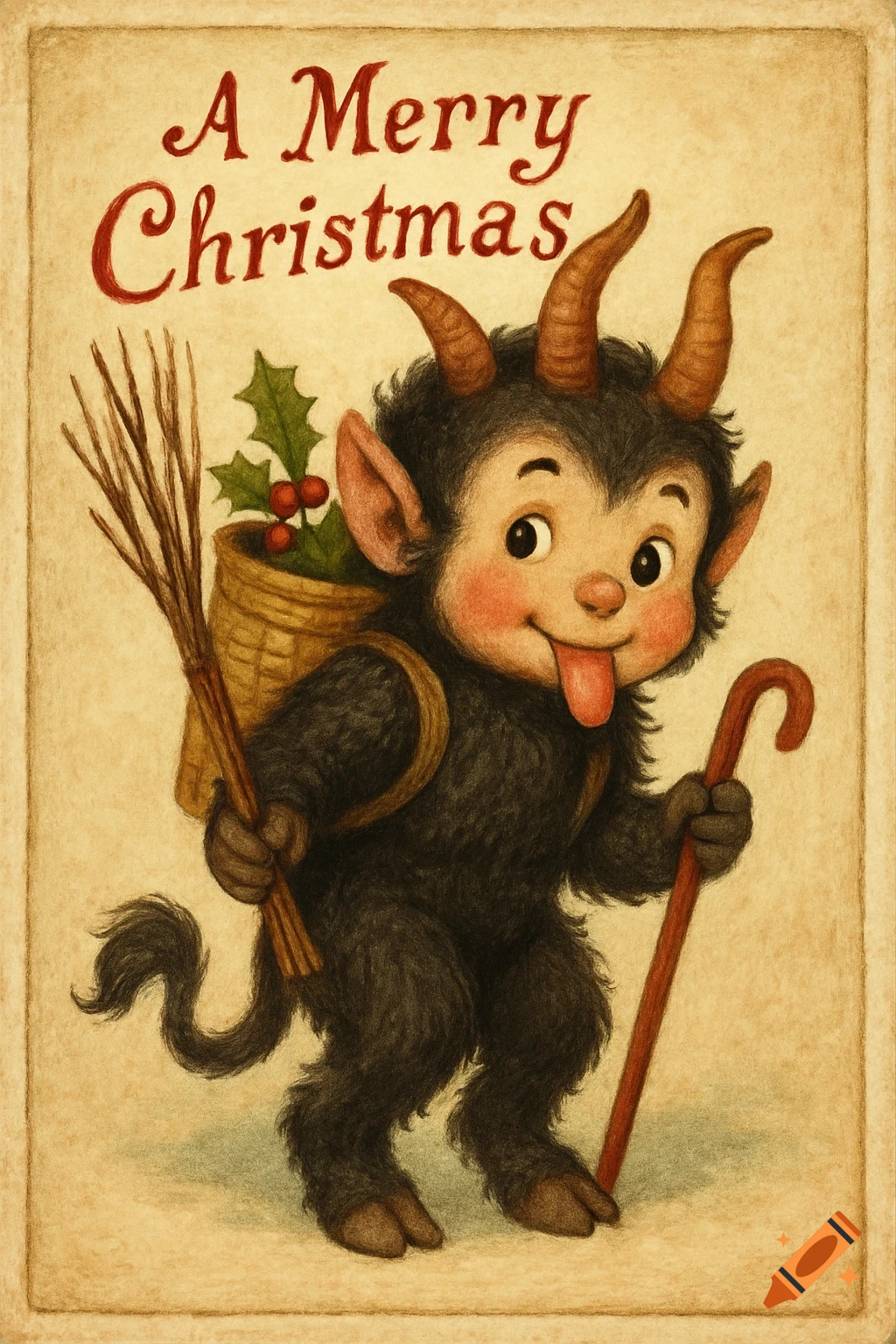 Cute vintage Krampus Christmas card illustration with text 'A Merry ...