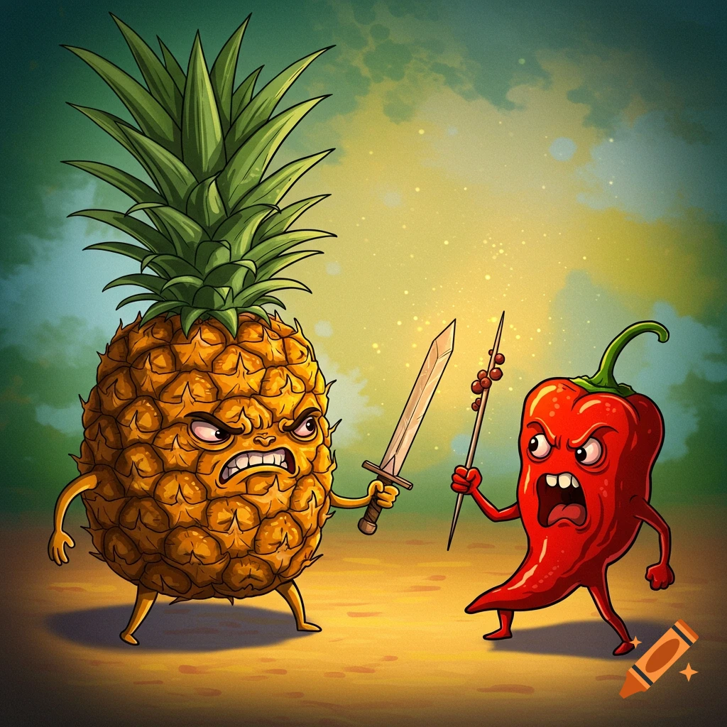 Cartoon illustration of an angry pineapple fighting a red pepper with ...