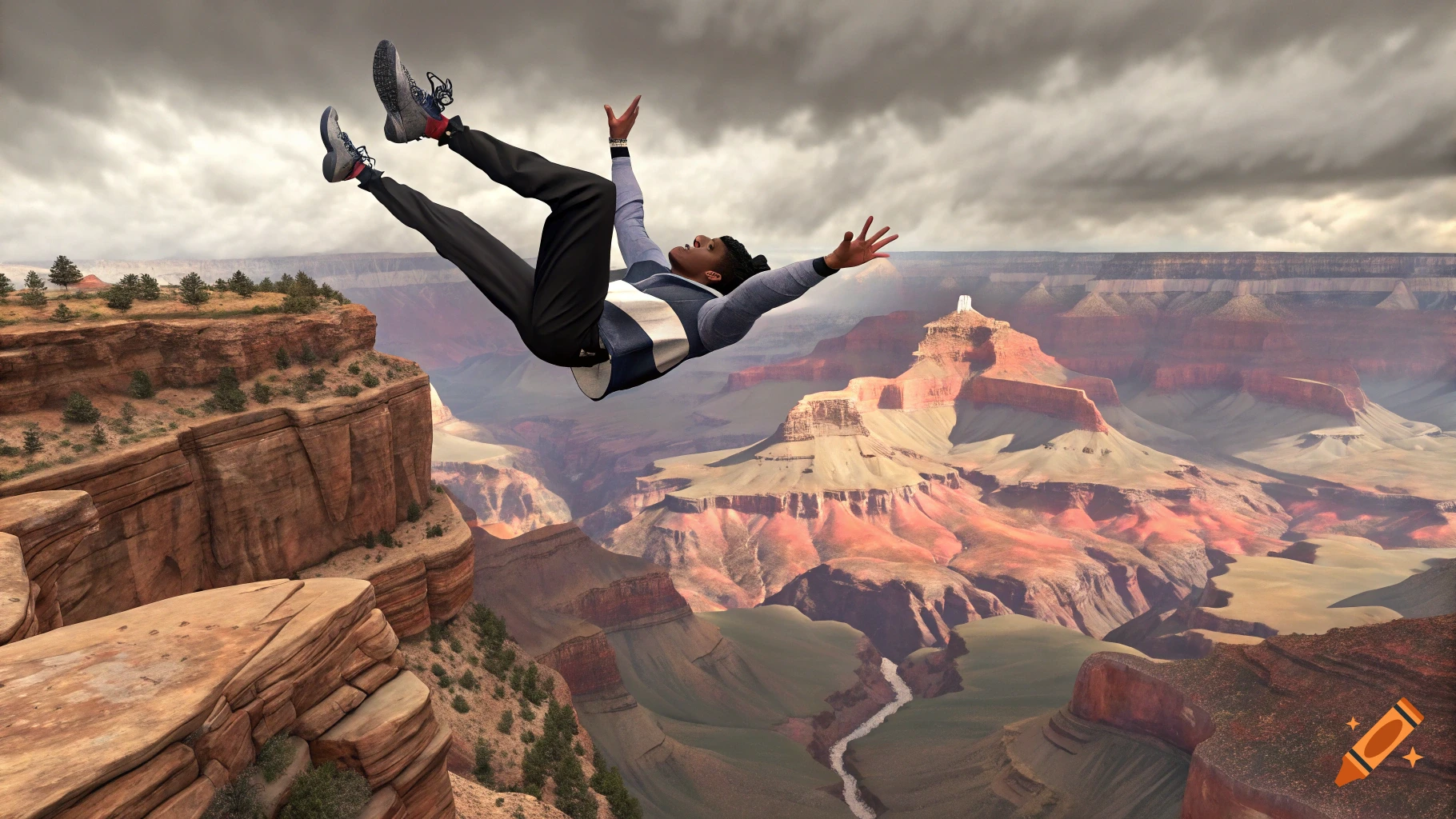 A person falls backwards off a cliff into the Grand Canyon. on Craiyon