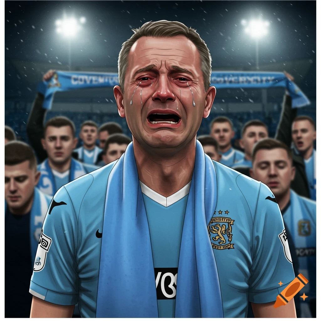 A crying man in a light blue Coventry City shirt and scarf is ...