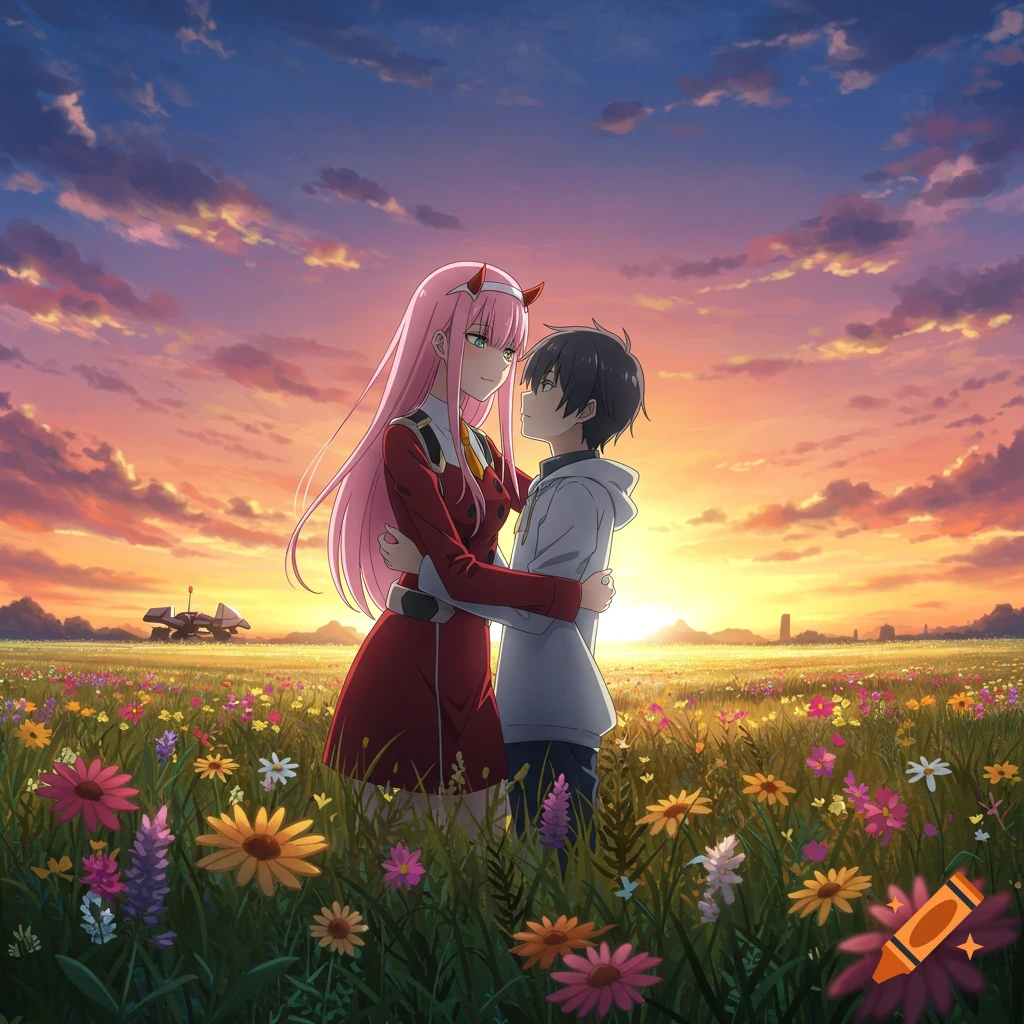 Close-up of anime character Zero Two with long pink hair, blue eyes ...