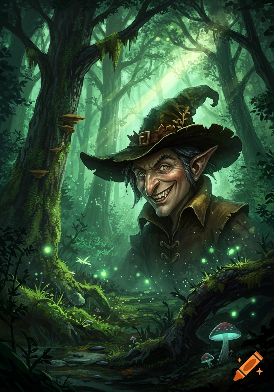 Illustration of a mischievous forest creature with a wide smile and ...