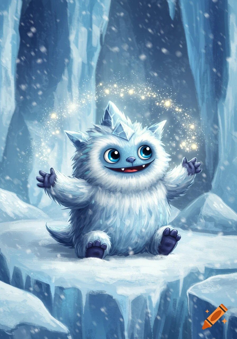 Cute white furry creature with ice spikes in a snowy cave, fantasy ...