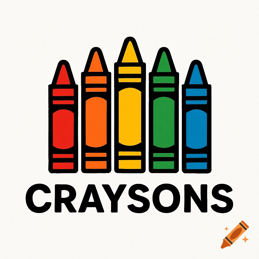 A logo with five colorful crayons and the word CRAYSONS below them. on ...