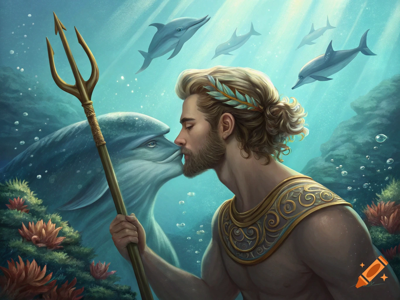 Man kissing a dolphin underwater, surrounded by other dolphins. Fantasy ...
