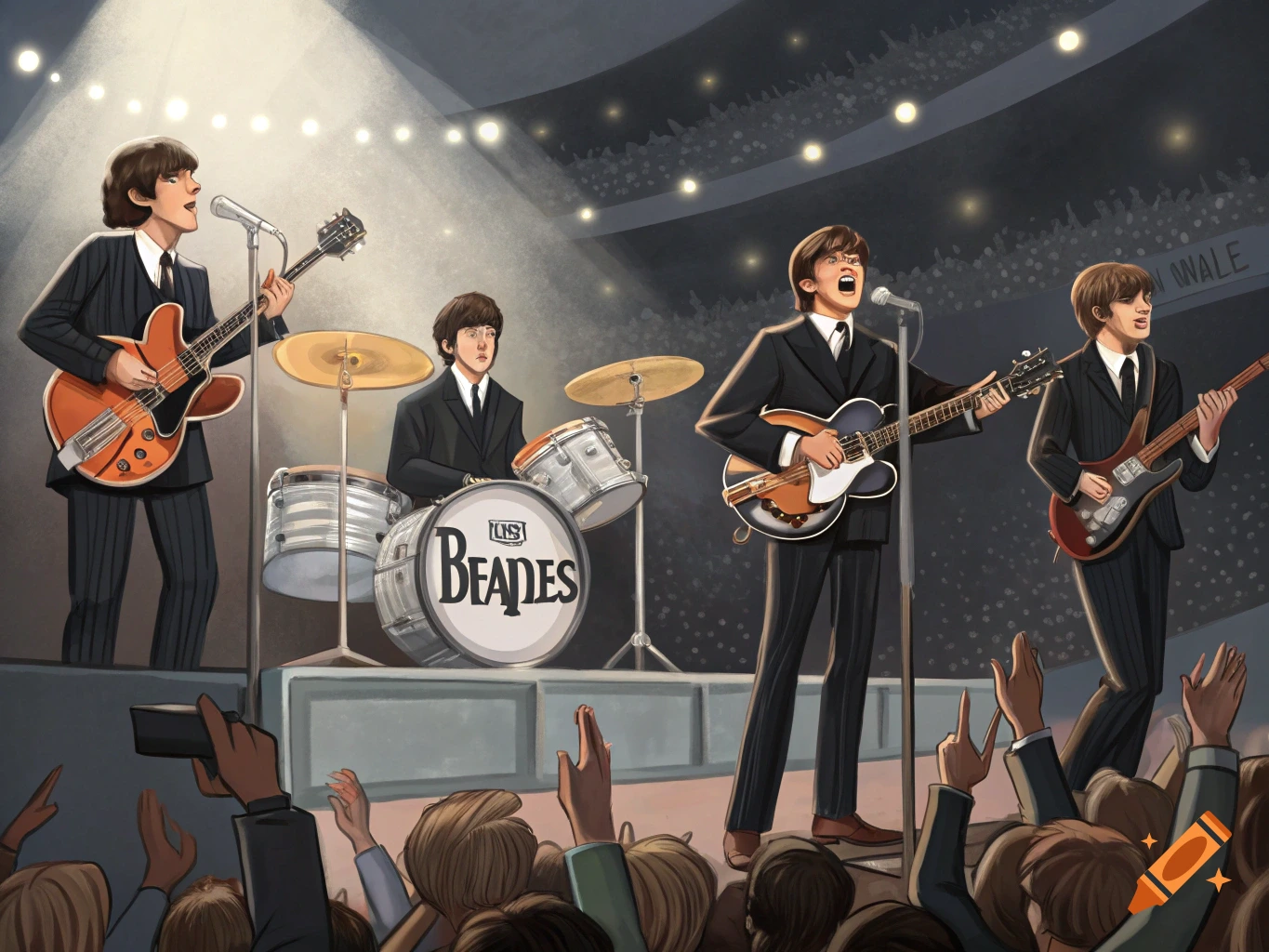 Large Sasquatch performs on stage with band resembling The Beatles in a ...