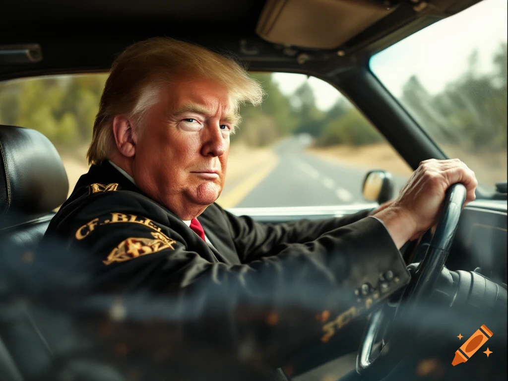 Photorealistic portrait of Donald Trump driving a vintage car. on Craiyon