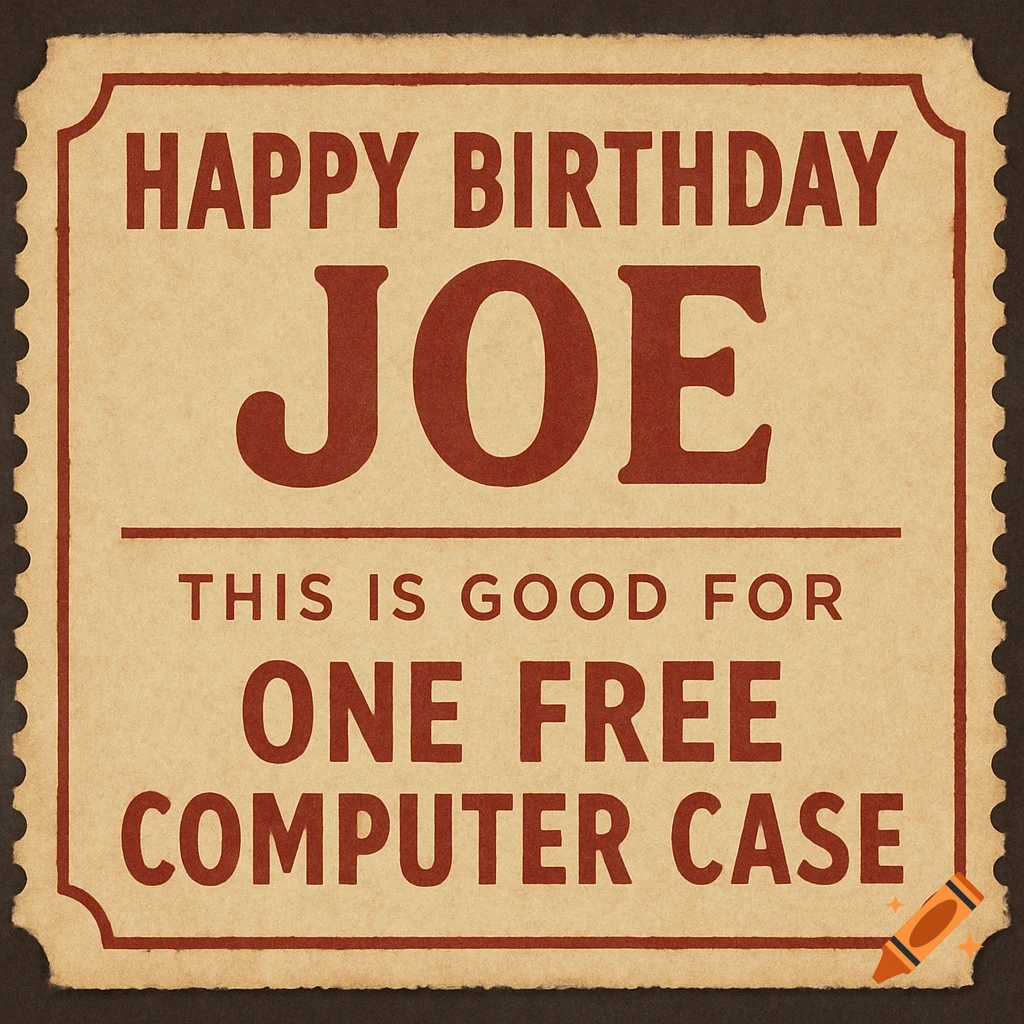 Happy Birthday Joe coupon for a free computer case on Craiyon