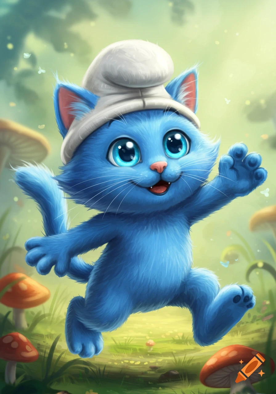 Blue cat wearing a smurf hat jumps in a forest with mushrooms, digital ...