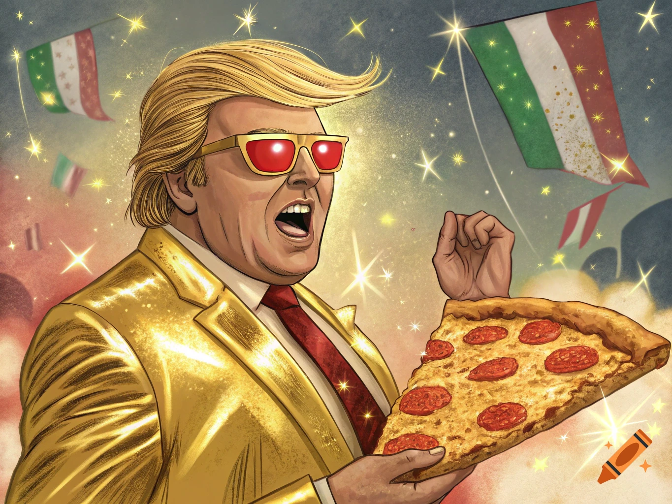 Cartoon illustration of Donald Trump in a golden suit holding a giant ...