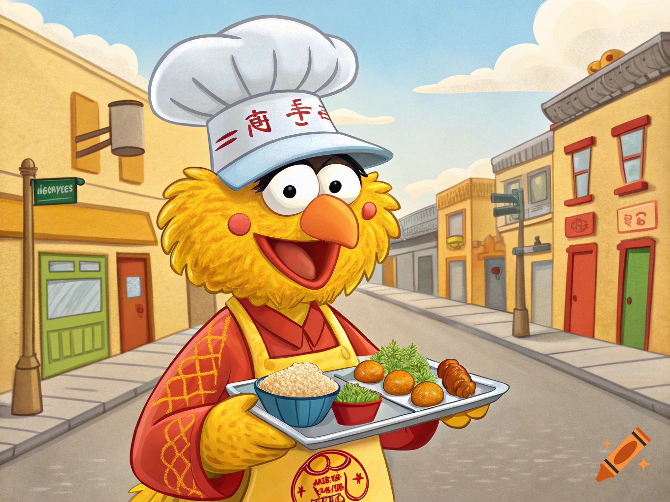 A yellow furry cartoon character in a chef's hat holds a tray of food ...