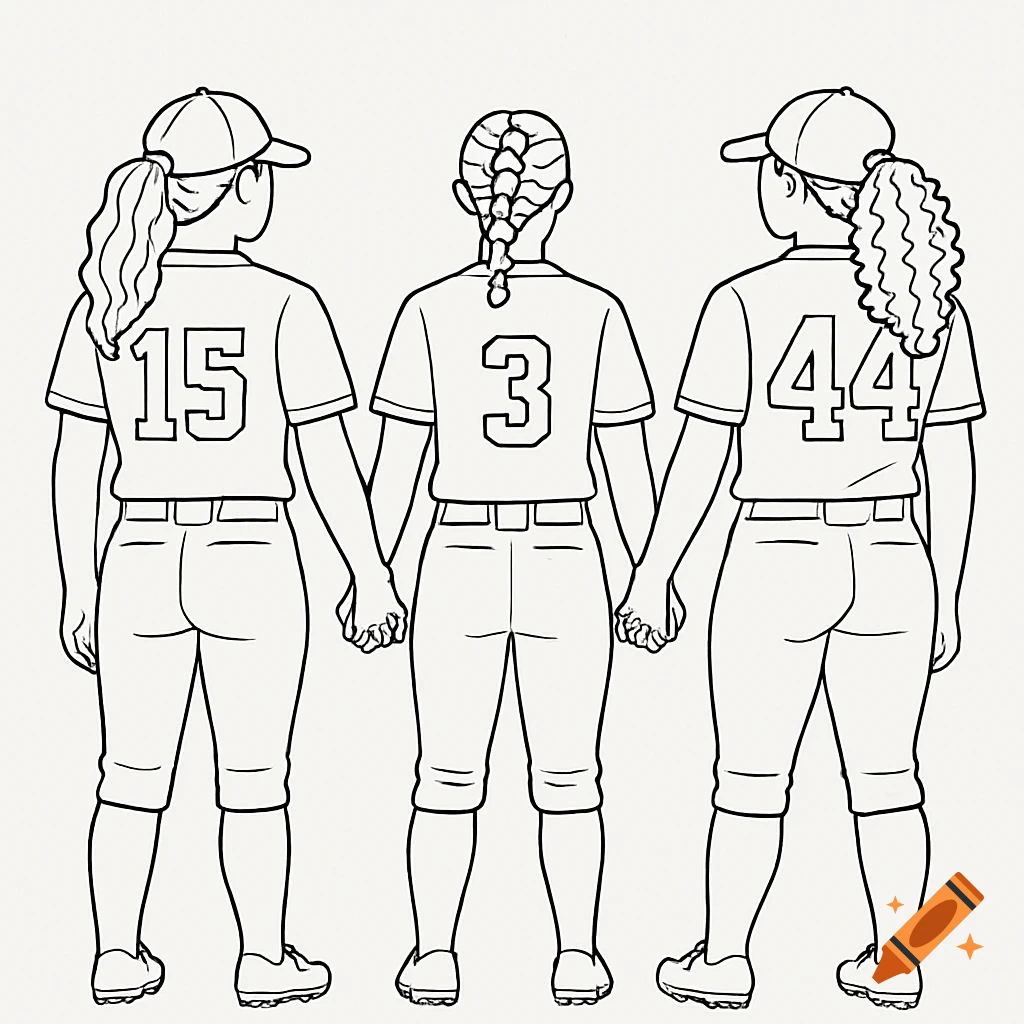 Line art of three softball players seen from behind, holding hands ...