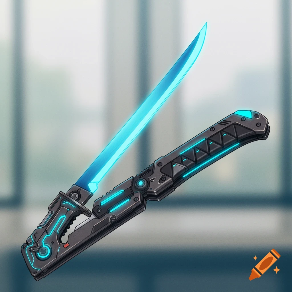 Close-up of a futuristic sword hilt with glowing teal crystals and mechanical parts. on Craiyon