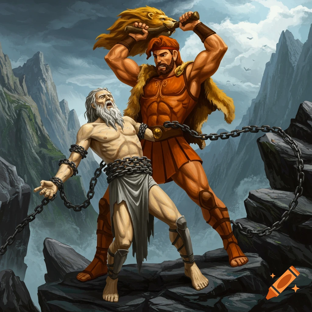 Illustration of Hercules about to strike chains off a suffering ...