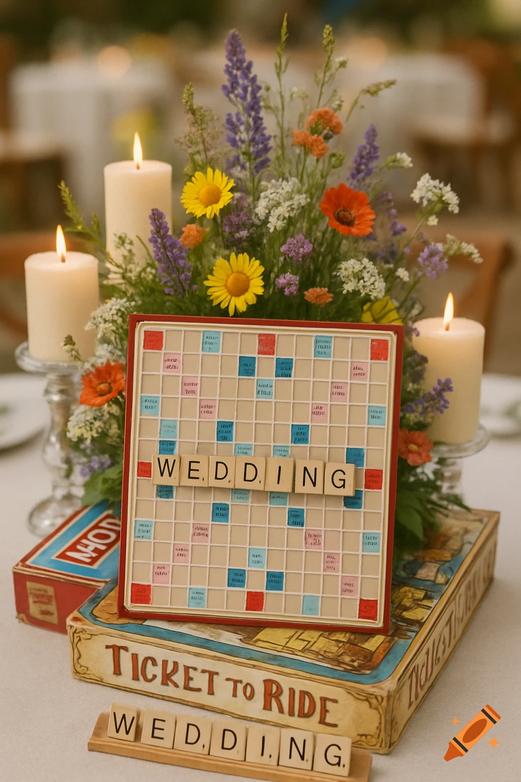 Wedding centerpiece with board games, wild flowers, and candles. on Craiyon