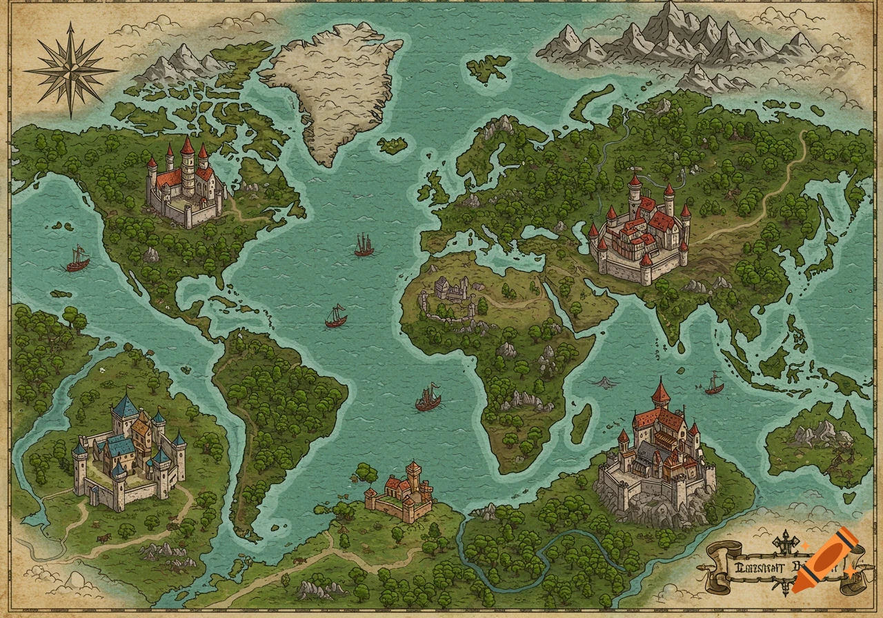Fantasy world map with castles, forests, ships, and mountains in a hand-drawn style. on Craiyon
