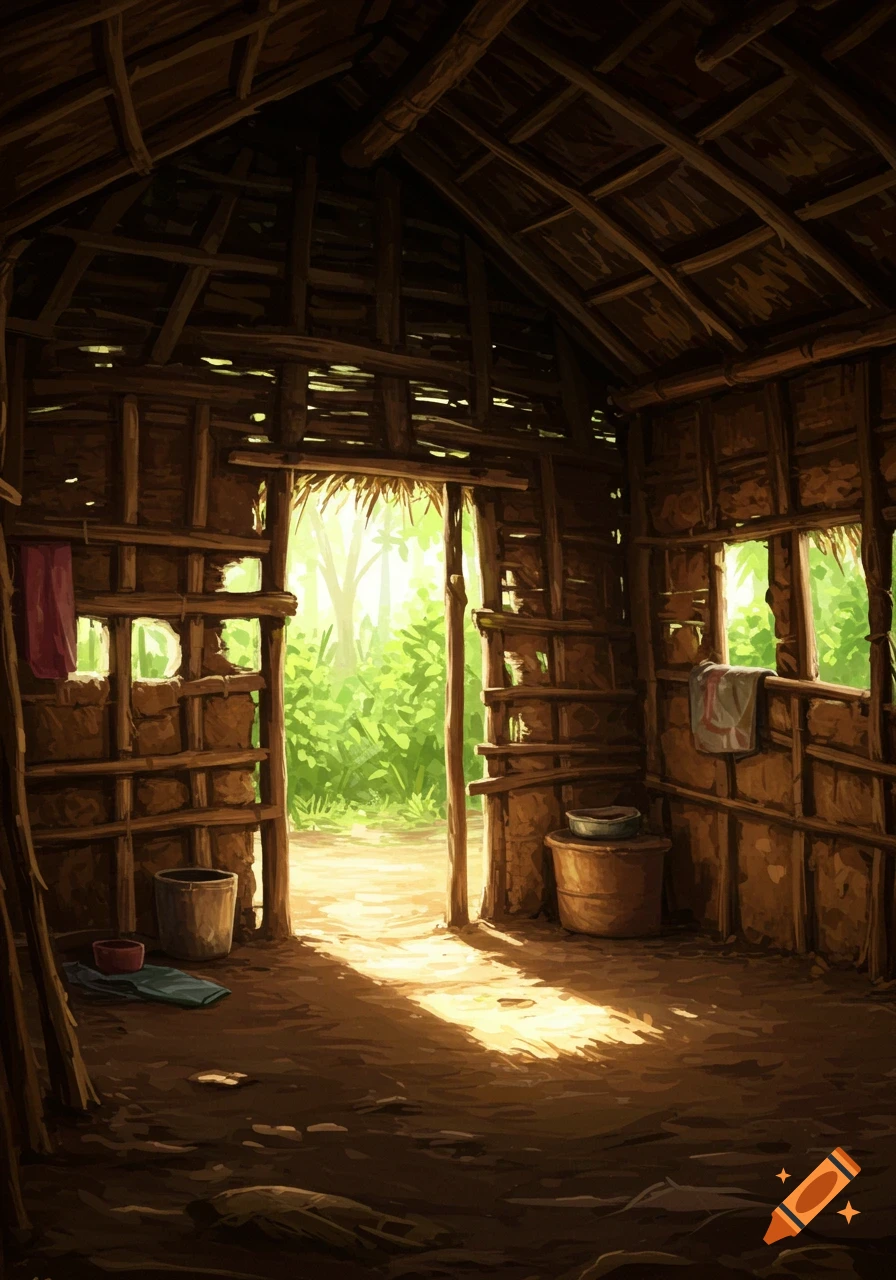 Interior of a rustic bush hut looking out to a sunlit jungle. on Craiyon