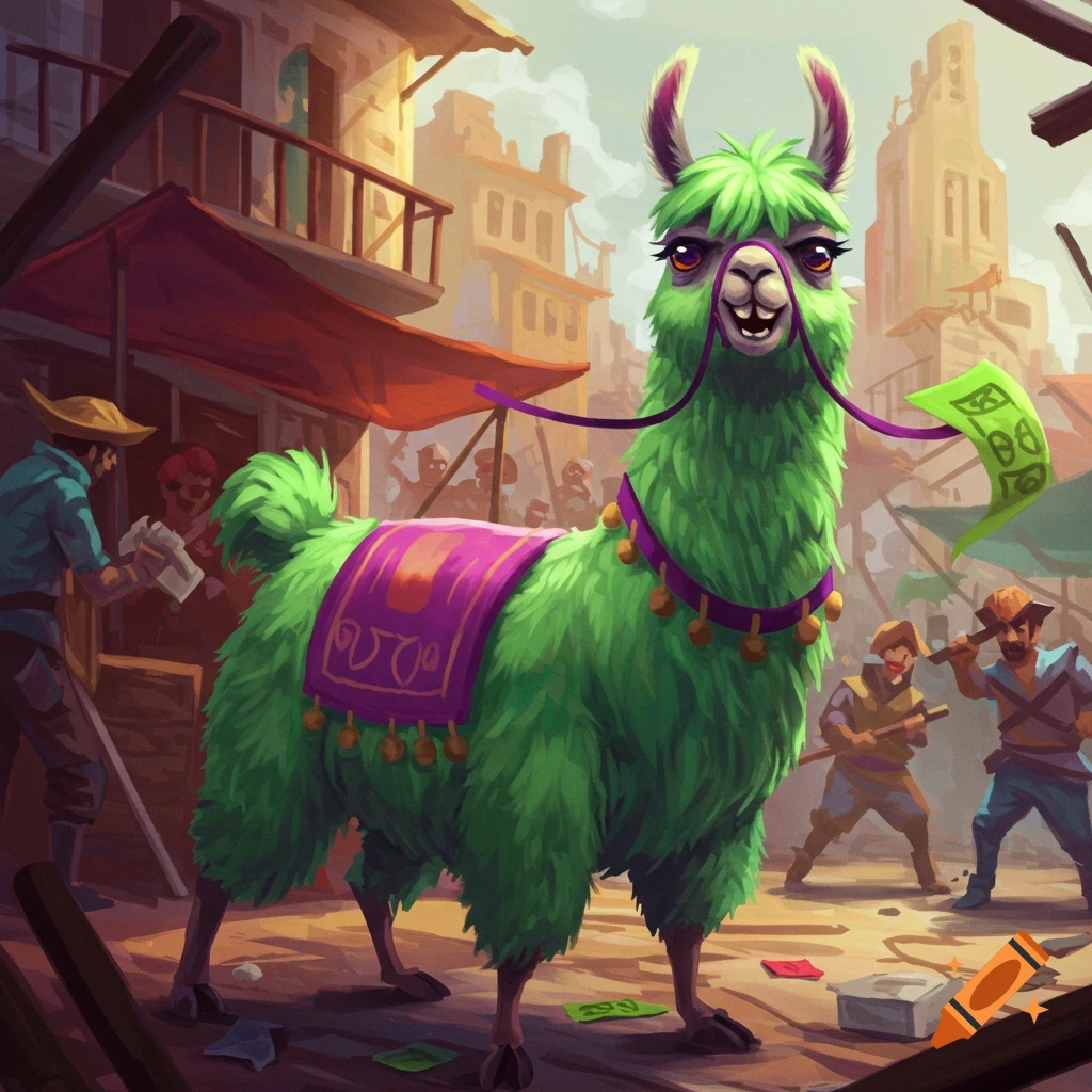 Digital painting of a fluffy green llama wearing purple, holding a ...