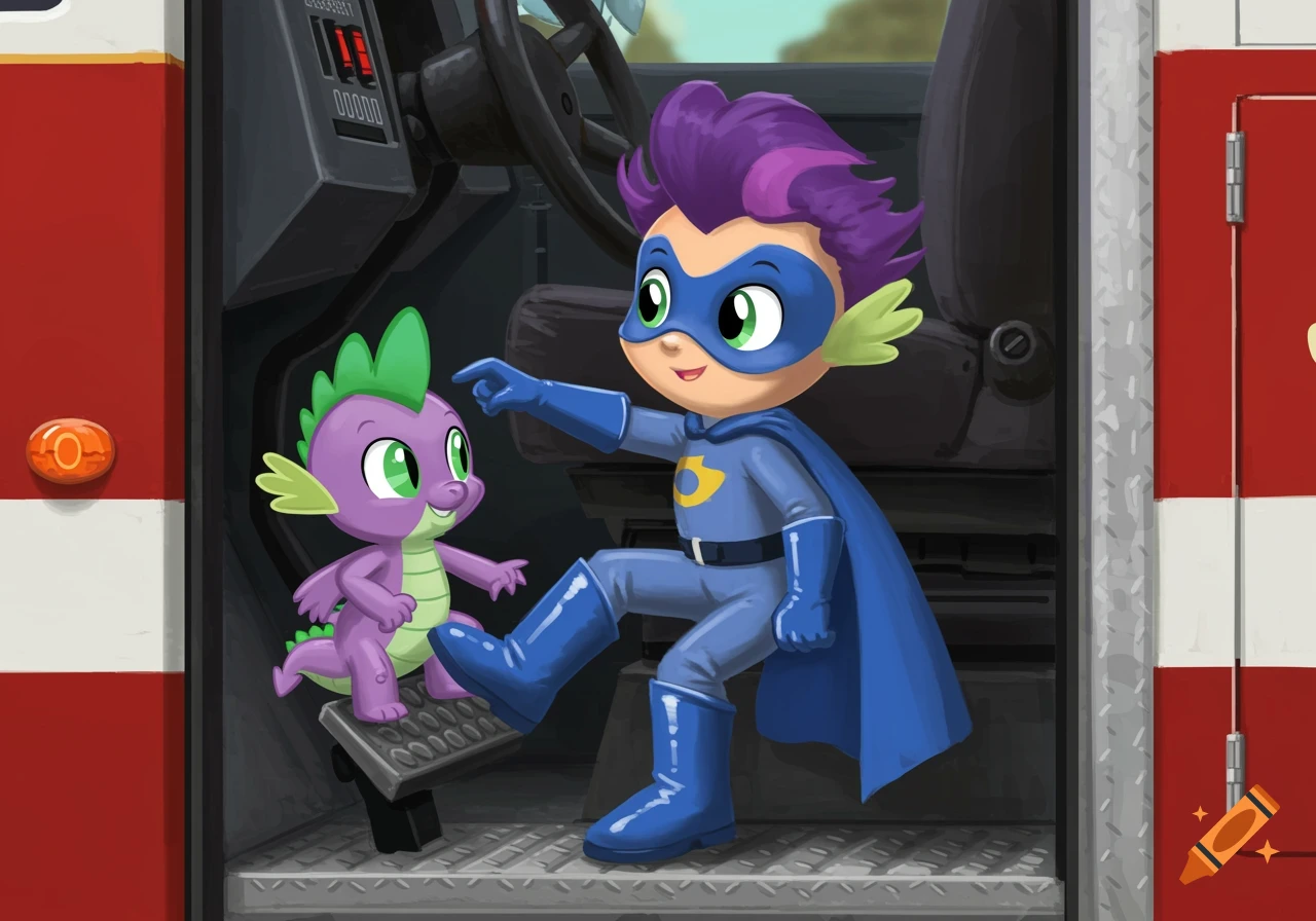 Spike from MLP driving a fire engine on Craiyon