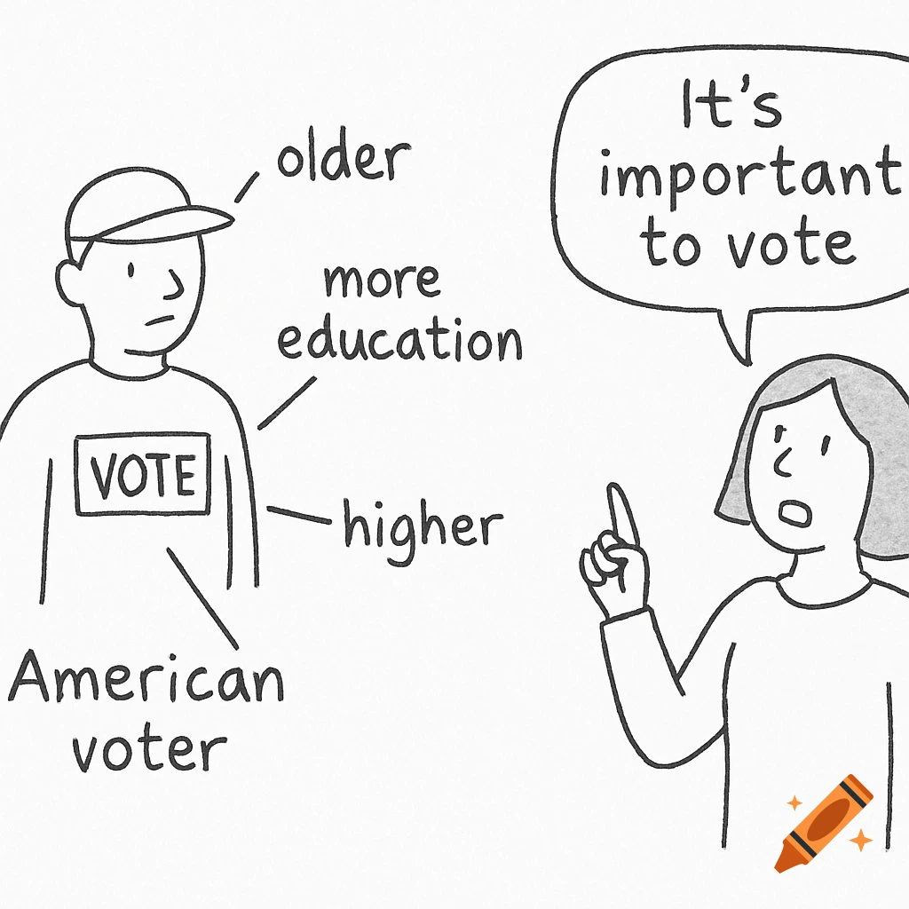 Black and white sketch of a voter with demographic labels and another ...