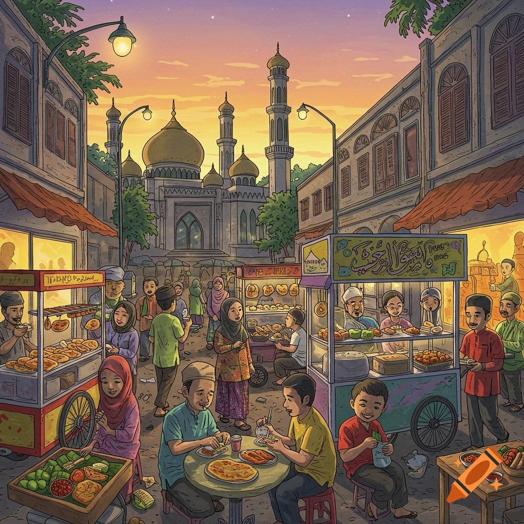 A crowded street market with food stalls and people, leading to a ...