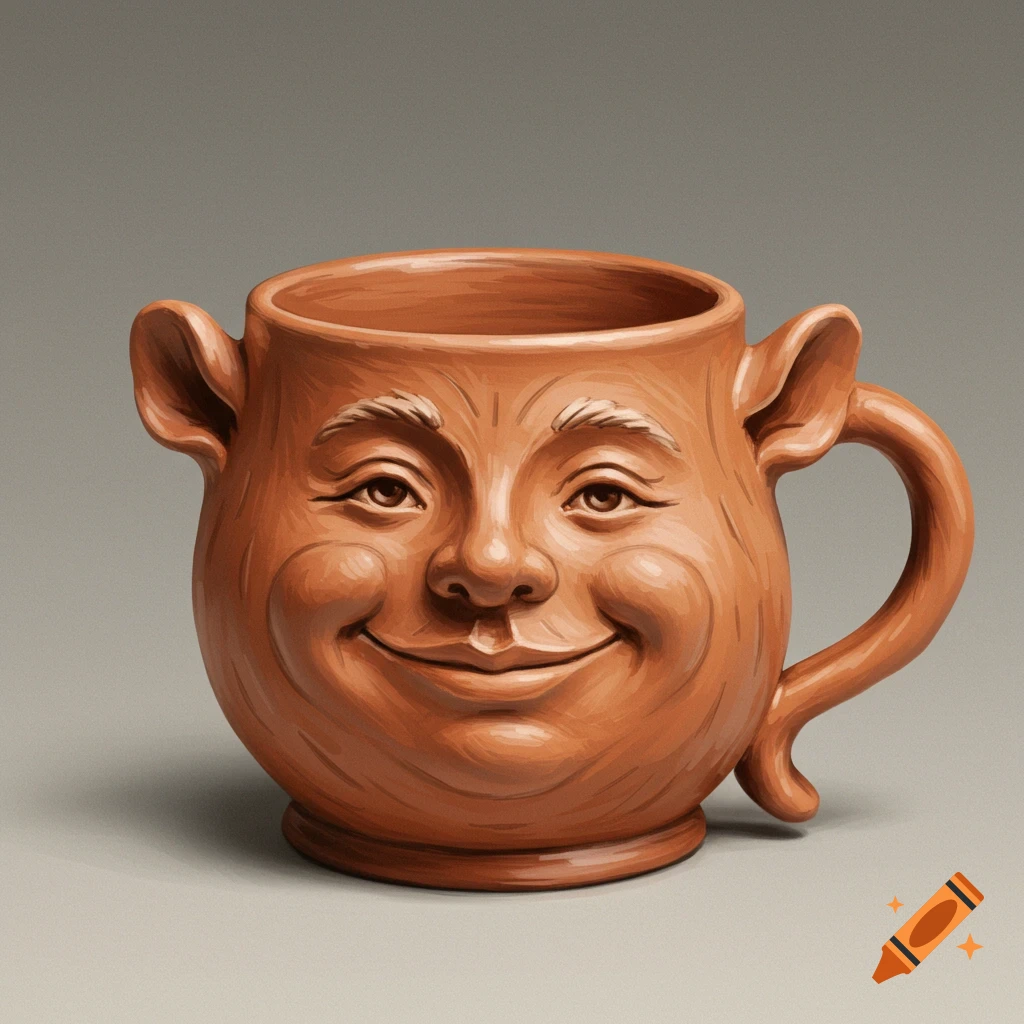 A terracotta-colored ceramic mug with a sculpted smiling face and ...
