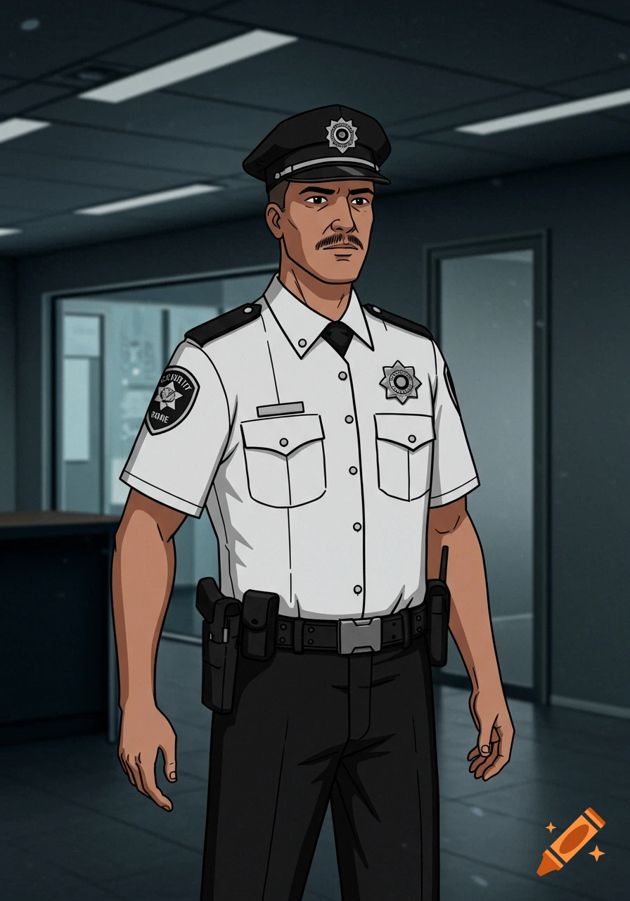 An animated security officer in uniform stands in a corporate facility ...