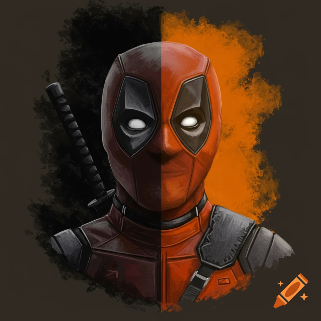 Stylized portrait of Deadpool split in half, black on left, orange on ...