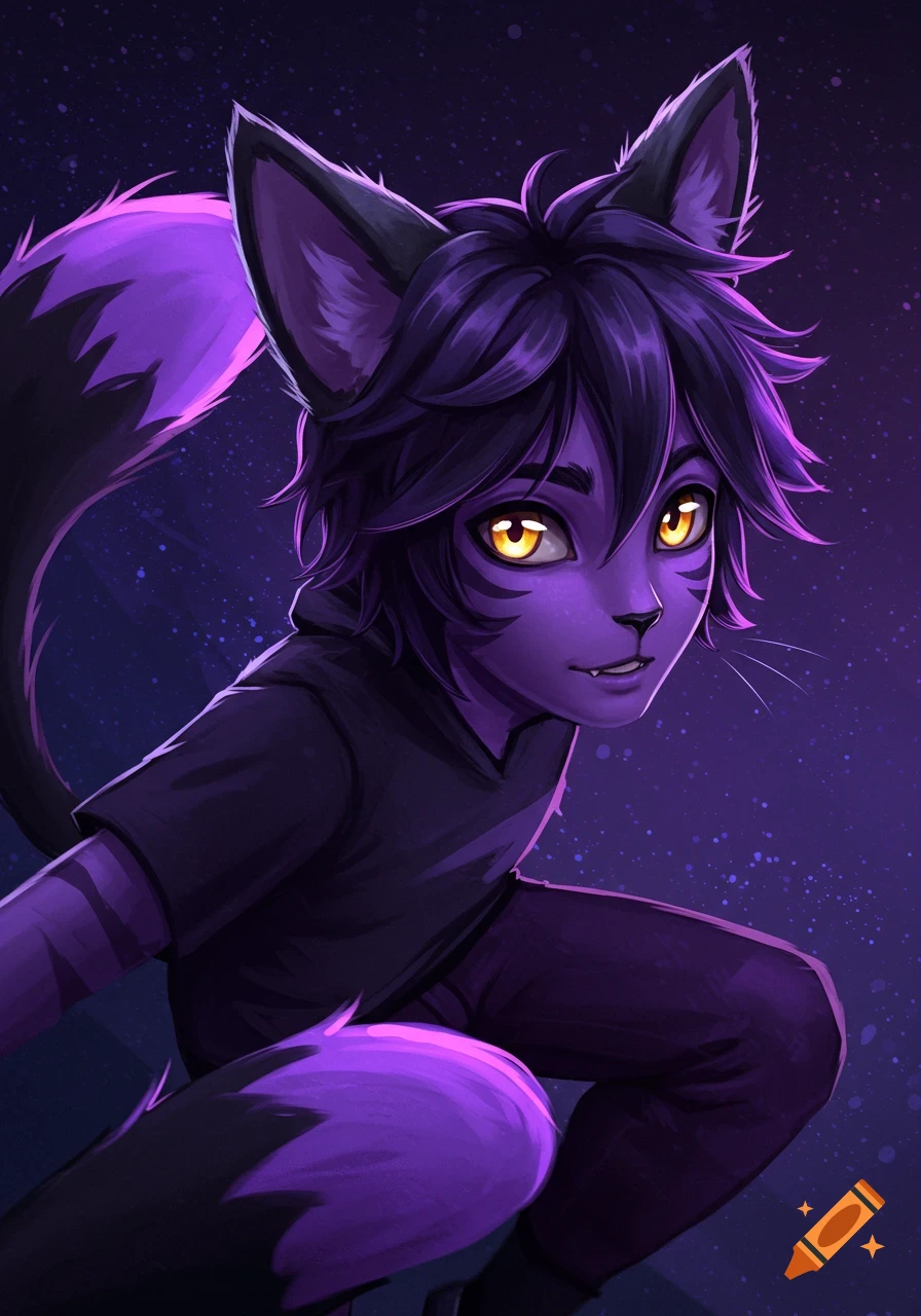Digital painting of a stylized purple and black catboy character with ...