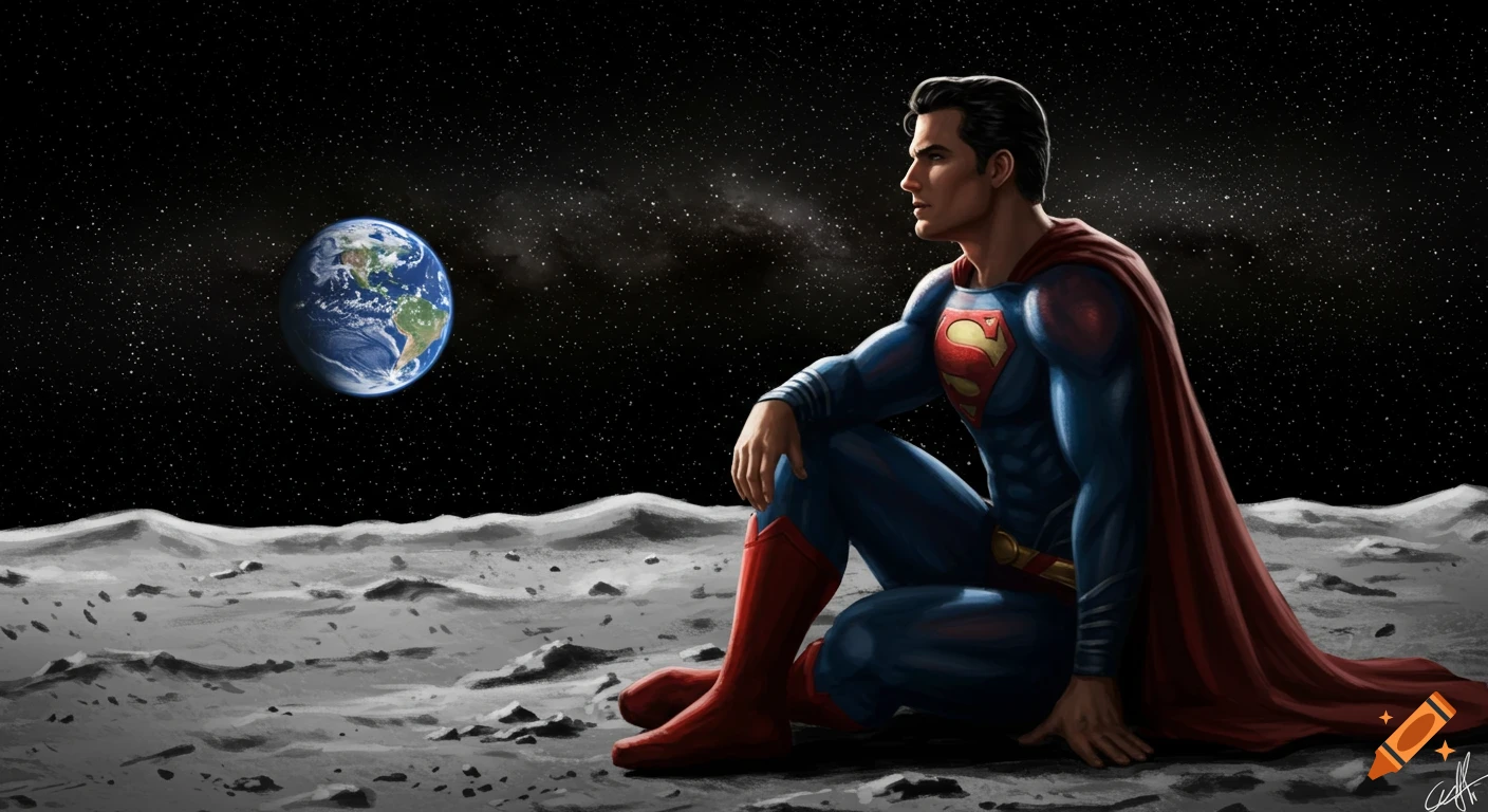 Astronaut on the moon looking at a bright, illuminated Earth in the ...