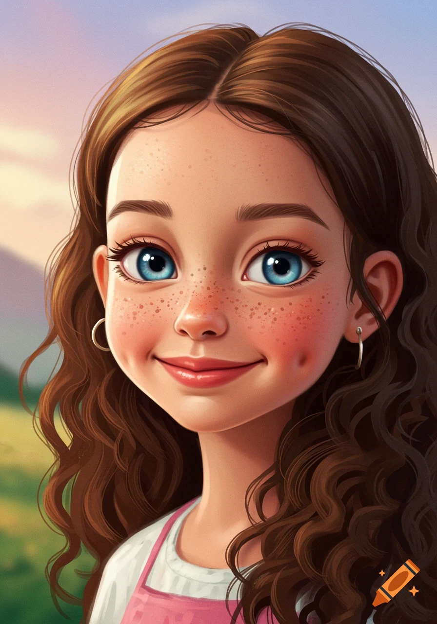 A colorful illustration of a smiling girl with short curly brown hair and bangs, wearing glasses ...