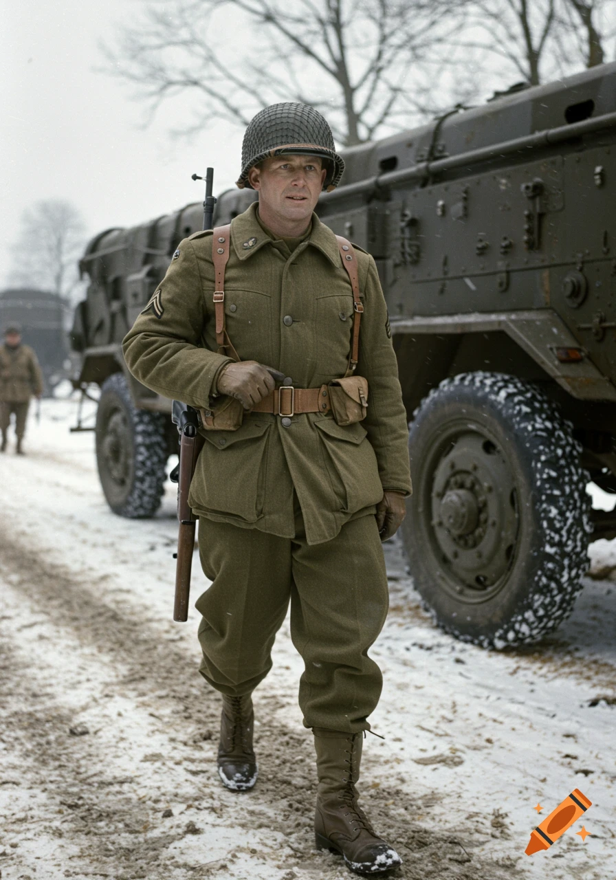 WW2 photo of US Staff Sergeant in the Rhein carrying M1 carbine. on Craiyon