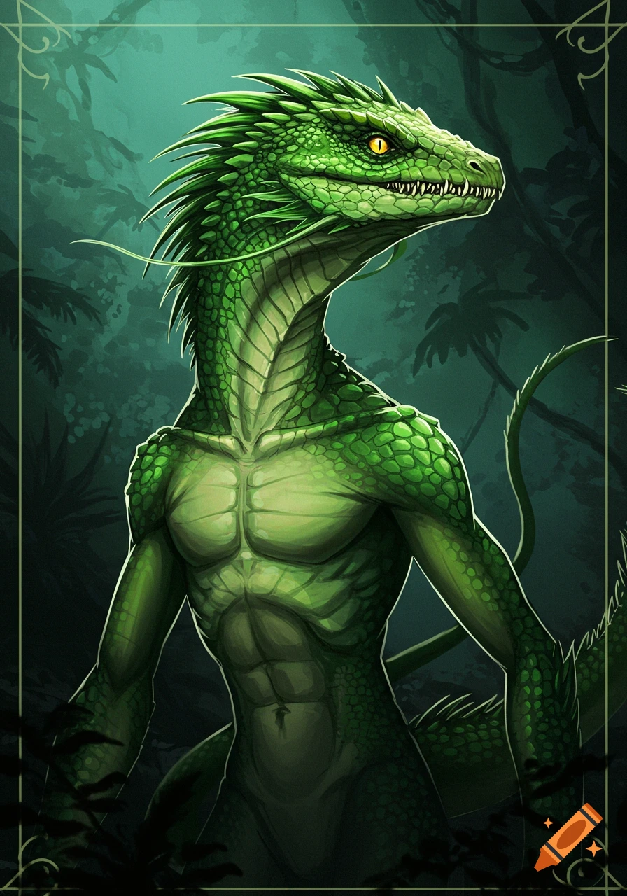 Green lizard humanoid creature with scales and spikes standing in a dark jungle, digital art. on ...