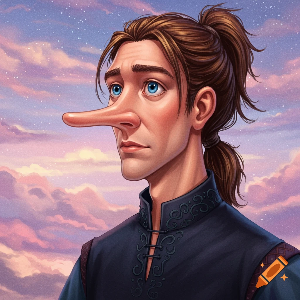 A stylized portrait of a man with a very long nose against a cloudy ...